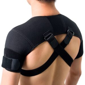 double shoulder support brace strap wrap neoprene protector,adjustable sports shoulder support belt back pain relief double bandage cross compression,m