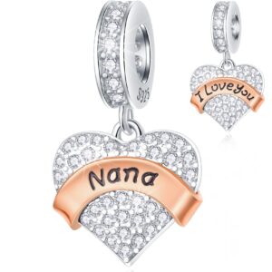 nana heart dangle charms, i love you nonna charms pave cz grandmother pendant in 925 sterling silver, fits pandora bracelet necklace, gifts for nanny/grandma/christmas