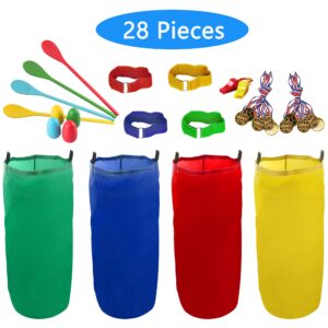 28PCS Potato Sack Race Bags, Egg and Spoon Race, Carnival Games 3-Legged Relay Race Bands, Outdoor Games for Kids and Adults (with Game Prizes & Whistles), Outside Yard Lawn Birthday Party Games