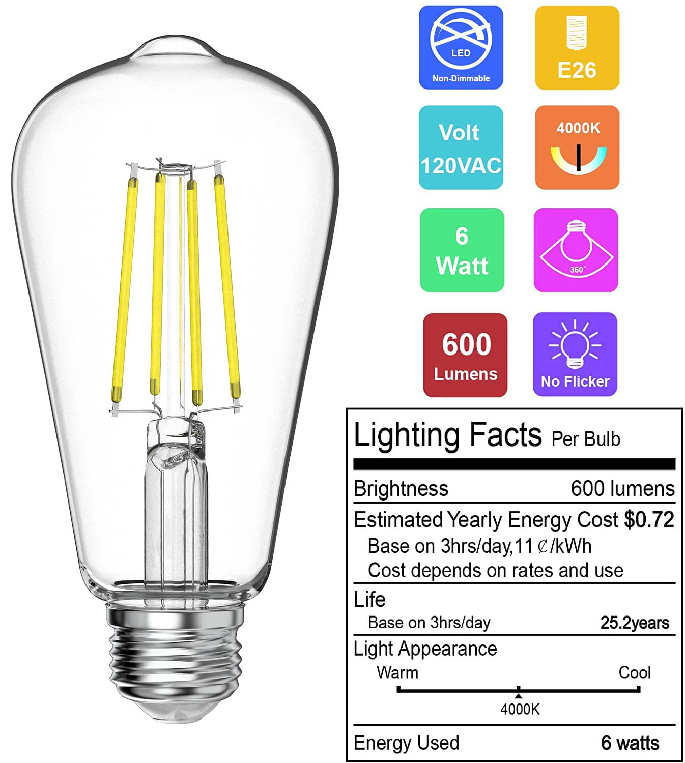 VOOSEI Daylight Bulbs 4000K LED E26 60W, 6W Equivalent to 60W Edison High Brightness ST58 Antique Non-Dimmable Filament Bulbs Clear Glass Pack of 6