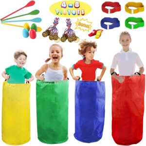 28pcs potato sack race bags, egg and spoon race, carnival games 3-legged relay race bands, outdoor games for kids and adults (with game prizes & whistles), outside yard lawn birthday party games