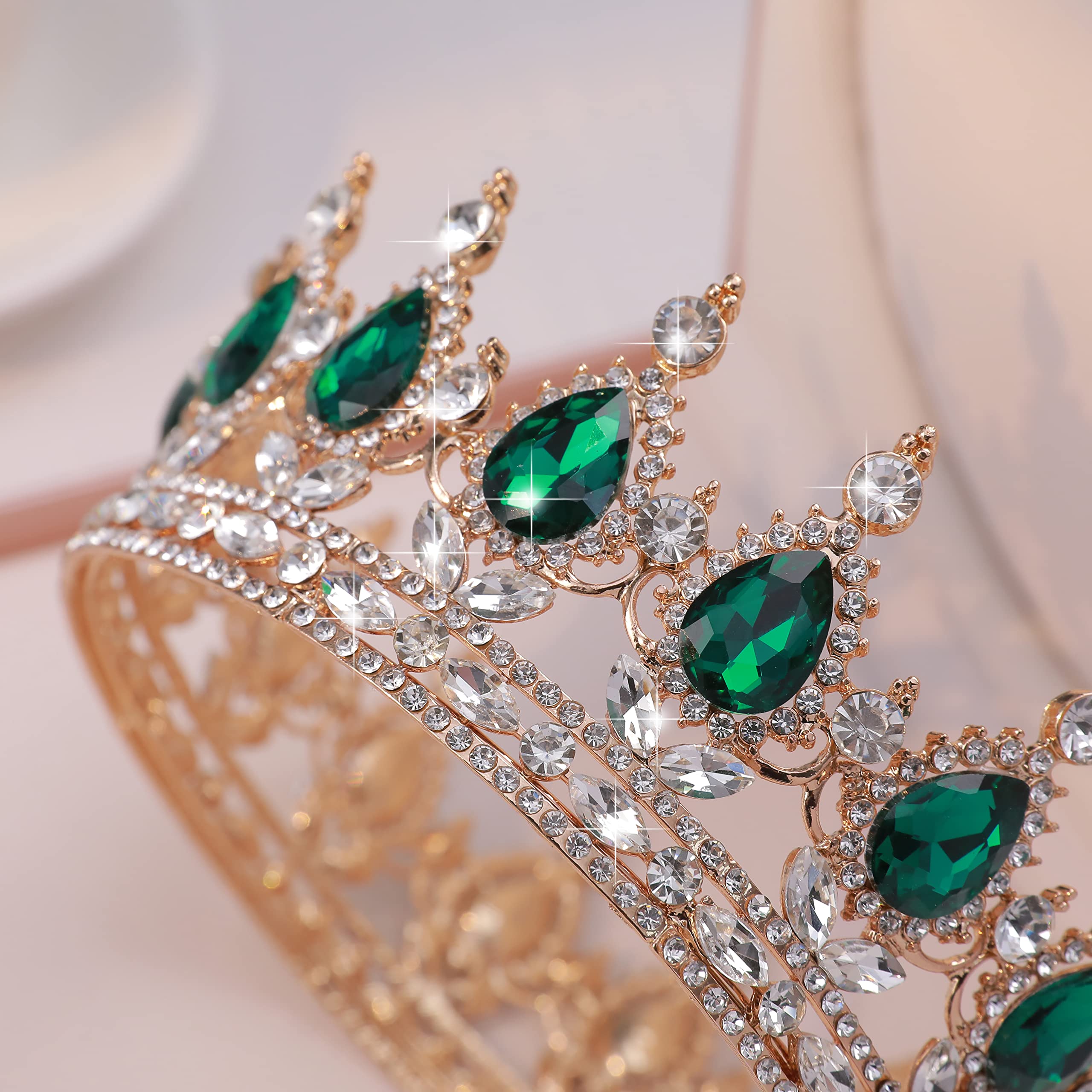 Kamirola Vintage Royal Queen Teardrop Rhinestone Diadem Tiaras Crown Pageant Prom Diadem Bride Wedding Hair Jewelry Accessories (Green-gold)