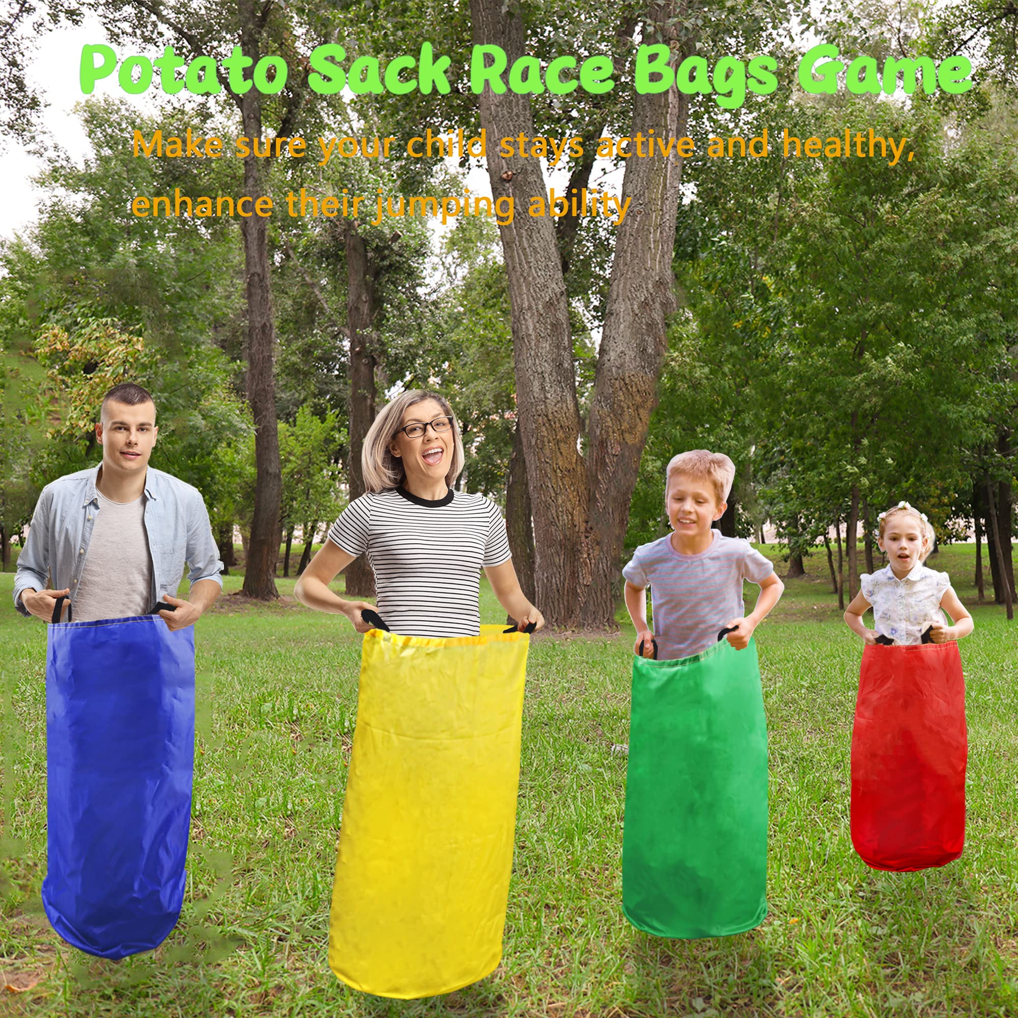 28PCS Potato Sack Race Bags, Egg and Spoon Race, Carnival Games 3-Legged Relay Race Bands, Outdoor Games for Kids and Adults (with Game Prizes & Whistles), Outside Yard Lawn Birthday Party Games