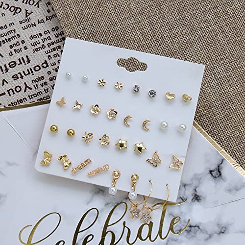 Earring Sets for Women Hypoallergenic Assorted Multiple Stud Earrings Set Cute Star Moon Heart Ball Faux Pearl Small Butterfly Jewelry Graduation Gifts (Style-01)