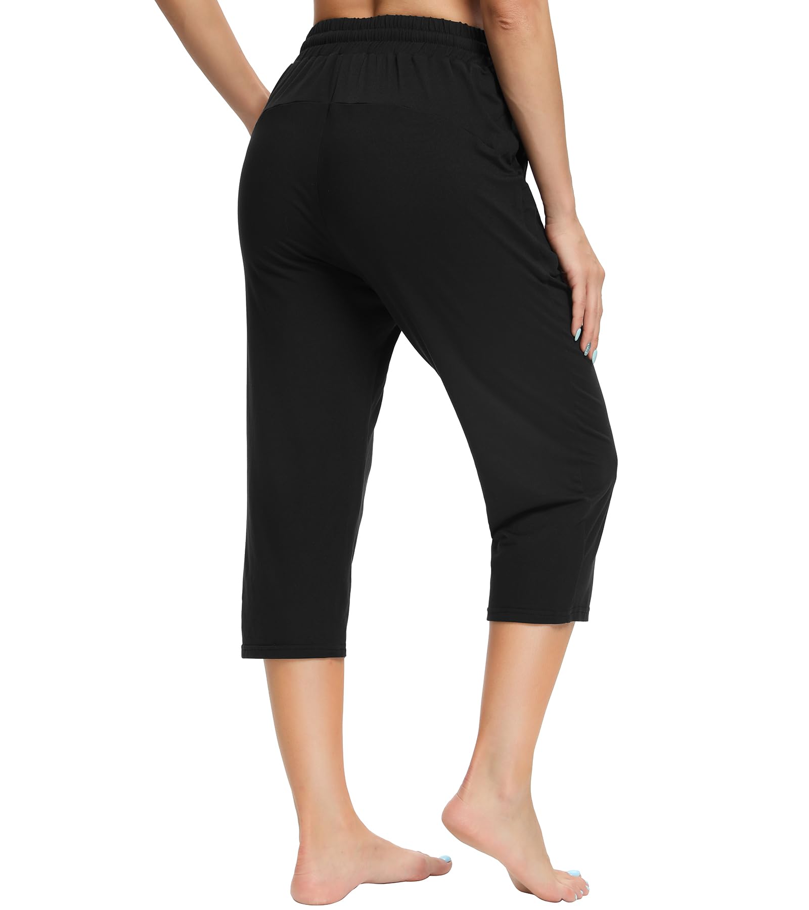 OLIKEME Workout Shorts Women's Capri Yoga Pants Loose Soft Drawstring High Waisted Sweatpants Causal Lounge Pants with Pockets Black