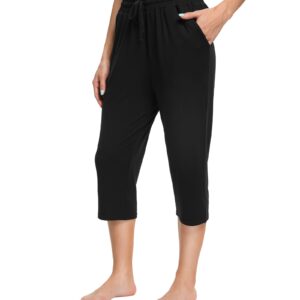 OLIKEME Workout Shorts Women's Capri Yoga Pants Loose Soft Drawstring High Waisted Sweatpants Causal Lounge Pants with Pockets Black