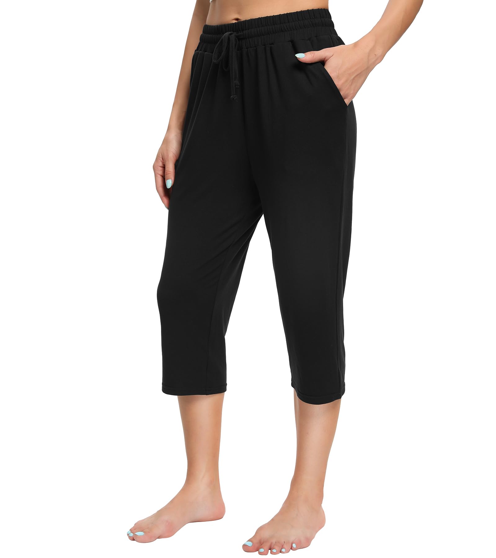 OLIKEME Workout Shorts Women's Capri Yoga Pants Loose Soft Drawstring High Waisted Sweatpants Causal Lounge Pants with Pockets Black