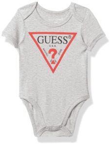 guess unisex organic cotton jersey screen print logo short sleeve bodysuit, light stone heather, 6/9m