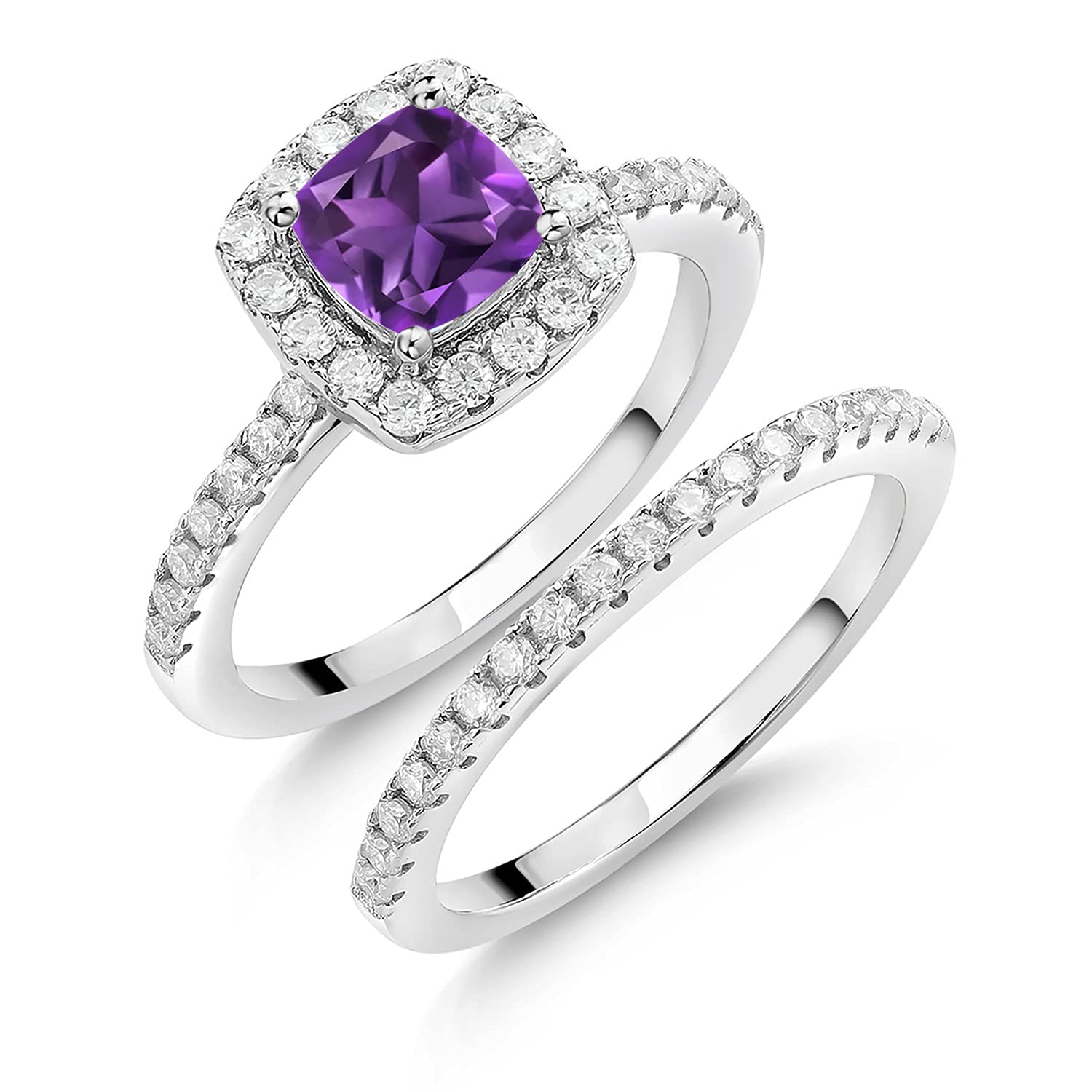 Gem Stone King 925 Sterling Silver Purple Amethyst and White Moissanite Wedding Engagement Ring Band Bridal Set For Women (1.49 Cttw, Cushion 6MM, Available In Size 5, 6, 7, 8, 9)