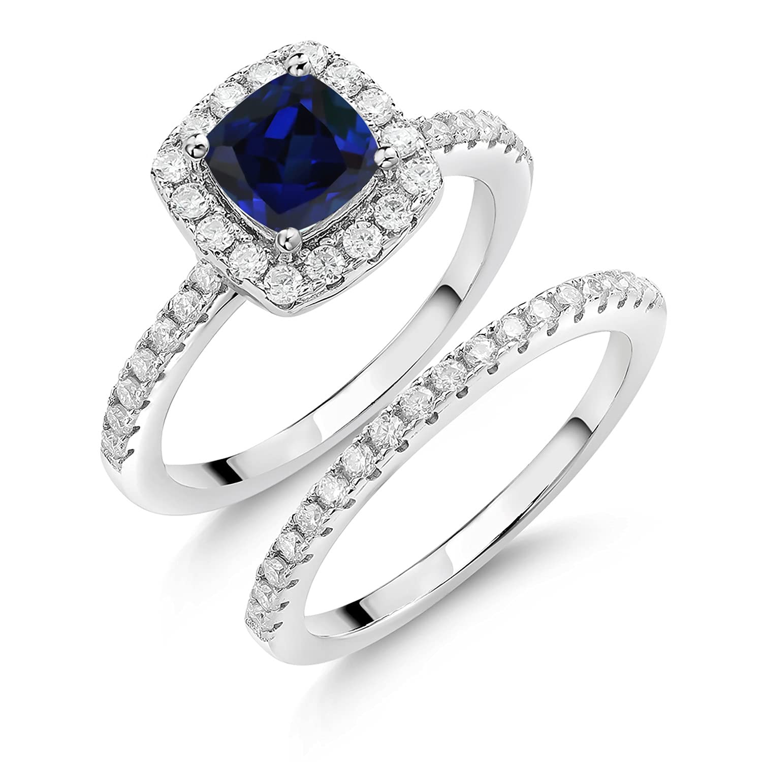 Gem Stone King 925 Sterling Silver Blue Created Sapphire and Moissanite Wedding Engagement Ring Band Bridal Set For Women (1.52 Cttw, Cushion 6MM, Available in size 5, 6, 7, 8, 9)