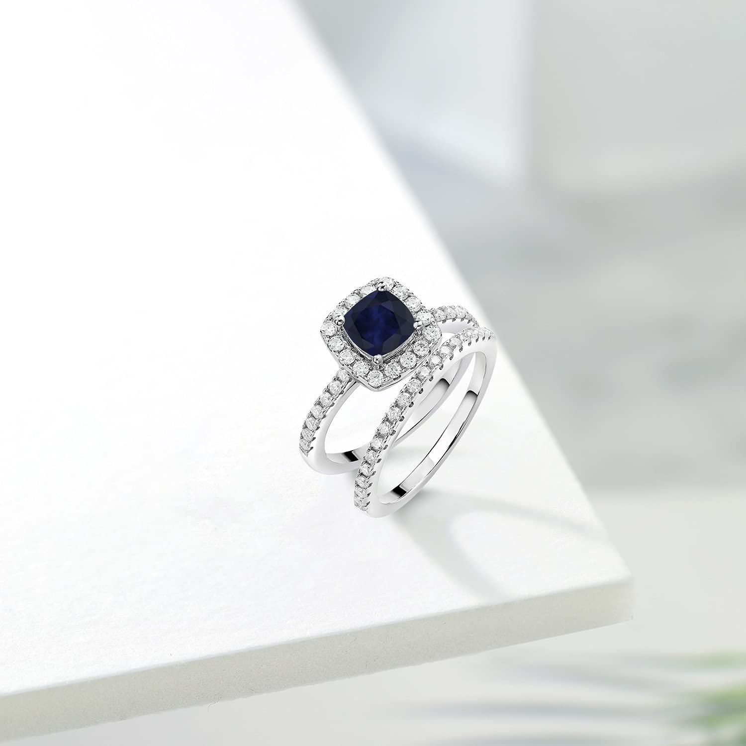 Gem Stone King 925 Sterling Silver Blue Sapphire and Moissanite Wedding Engagement Ring Band Bridal For Women (1.82 Cttw, Available in size 5, 6, 7, 8, 9)