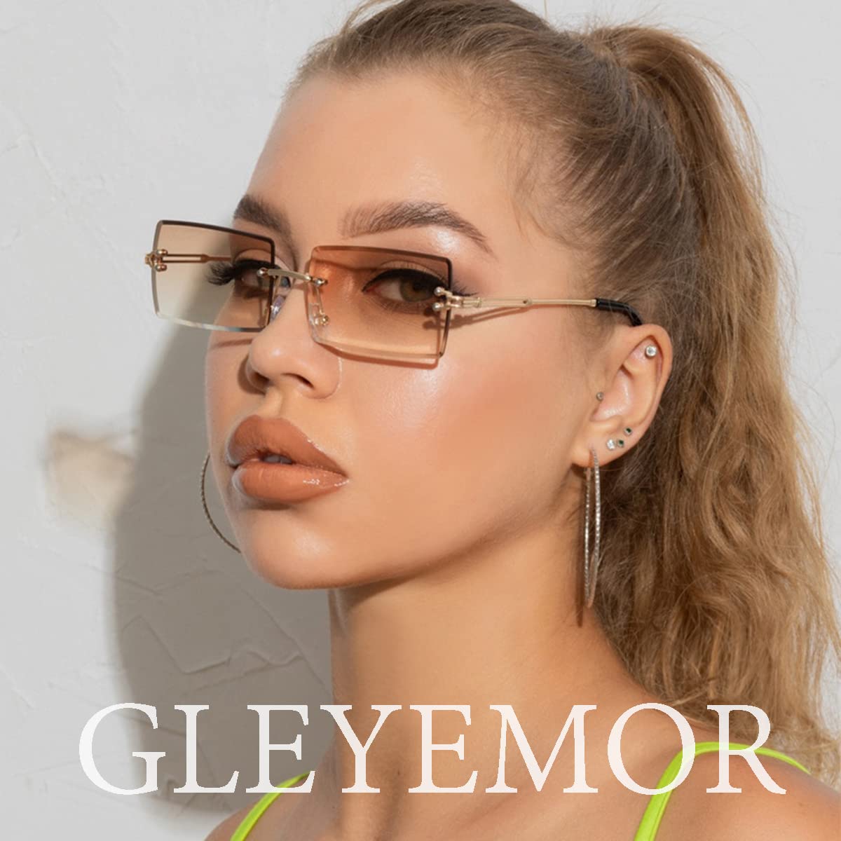 Gleyemor Rimless Rectangle Sunglasses for Women Mens Fashion Vintage Frameless Square Glasses with Gradient Lens (Gradient Tea)