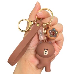 meipel cute brown bear keychain accessories, 3d kawaii figure anime keychains decoration silicone keyring pendant car key holder backpack charm gift for women men boys girls