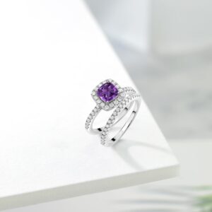 Gem Stone King 925 Sterling Silver Purple Amethyst and White Moissanite Wedding Engagement Ring Band Bridal Set For Women (1.49 Cttw, Cushion 6MM, Available In Size 5, 6, 7, 8, 9)