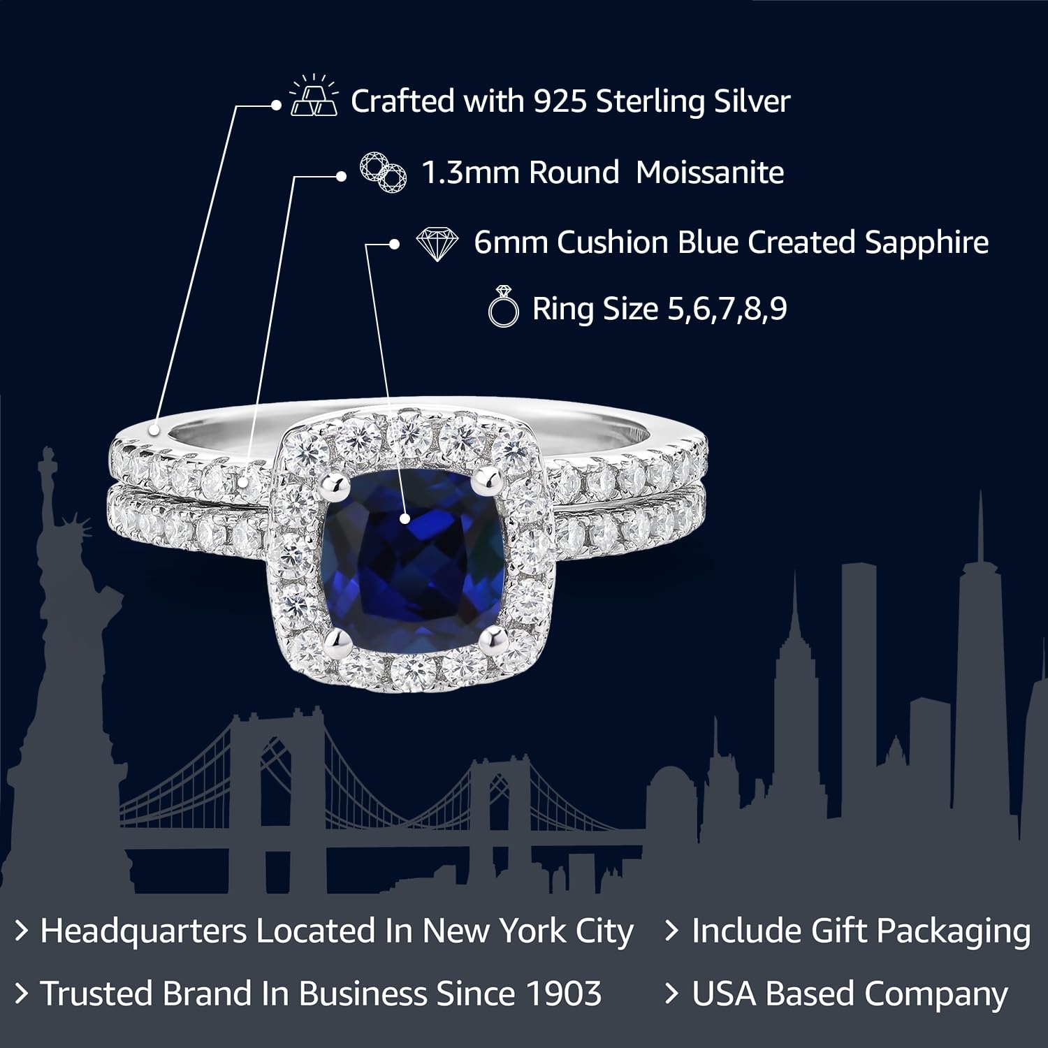 Gem Stone King 925 Sterling Silver Blue Created Sapphire and Moissanite Wedding Engagement Ring Band Bridal Set For Women (1.52 Cttw, Cushion 6MM, Available in size 5, 6, 7, 8, 9)