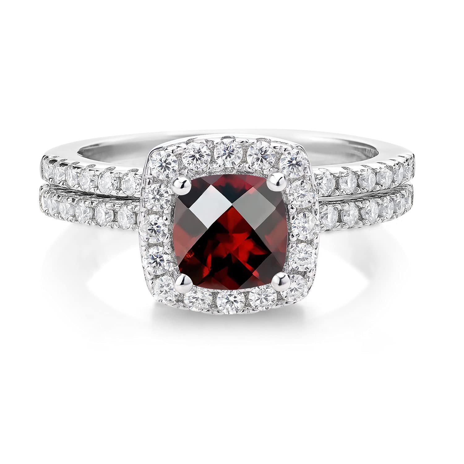 Gem Stone King 925 Sterling Silver Red Garnet and White Moissanite Wedding Engagement Ring Band Bridal Ring For Women (1.47 Cttw, Gemstone Birthstone, Available In Size 5, 6, 7, 8, 9)