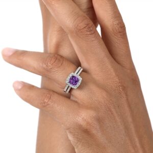 Gem Stone King 925 Sterling Silver Purple Amethyst and White Moissanite Wedding Engagement Ring Band Bridal Set For Women (1.49 Cttw, Cushion 6MM, Available In Size 5, 6, 7, 8, 9)