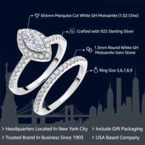 Gem Stone King 925 Sterling Silver White Moissanite Wedding Engagement Ring Band Bridal Set For Women (1.02 Cttw, Marquise Cut 8X4MM, Available in Size 5,6,7,8,9)