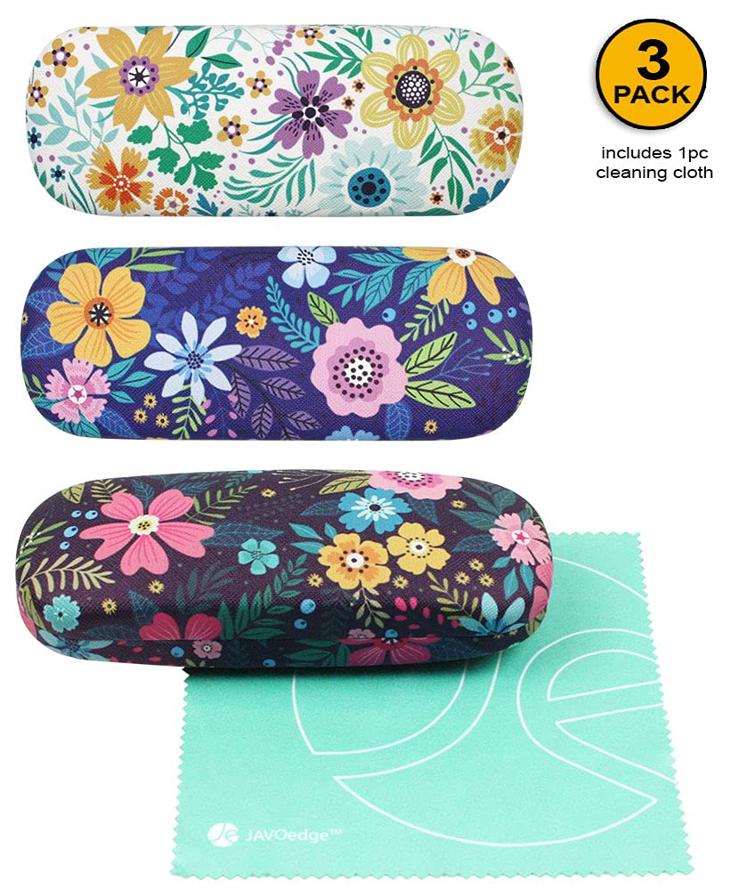 JAVOedge [3 PACK], Floral Pattern Medium Size Hard Eyeglass Storage Case Fits Most Glasses With Micro Cloth - Style C