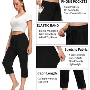 OLIKEME Workout Shorts Women's Capri Yoga Pants Loose Soft Drawstring High Waisted Sweatpants Causal Lounge Pants with Pockets Black