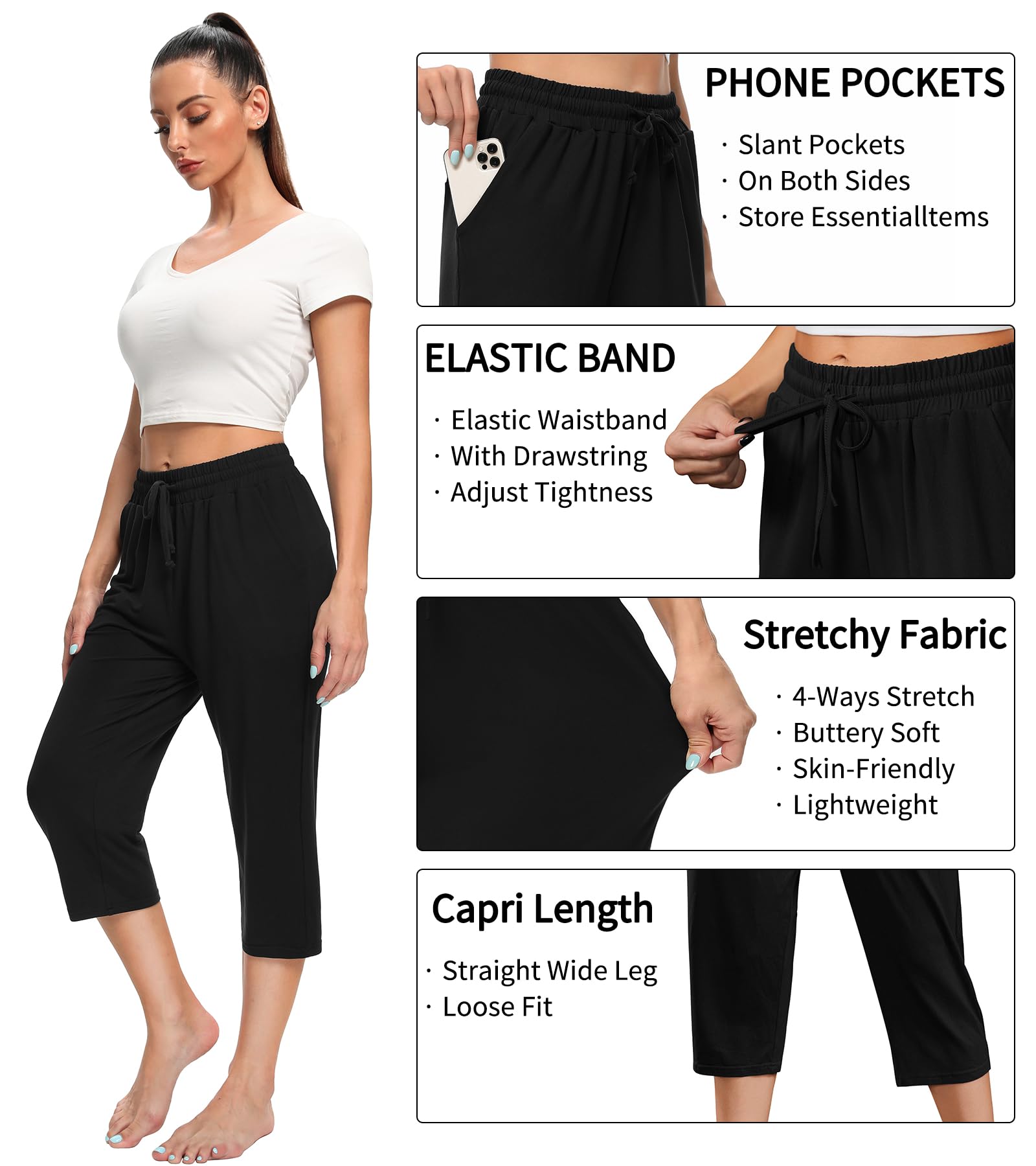 OLIKEME Workout Shorts Women's Capri Yoga Pants Loose Soft Drawstring High Waisted Sweatpants Causal Lounge Pants with Pockets Black