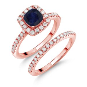 gem stone king 18k rose gold plated silver cushion blue sapphire and moissanite women wedding engagement ring band bridal set (1.82 cttw, available in size 5, 6, 7, 8, 9)