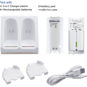 Wii Remote Charger, 2 in 1 Charging Station Charger Dock with 2 Pack 2800mAh Rechargeable Battery Fit for Wii/Wii U Remote Controller