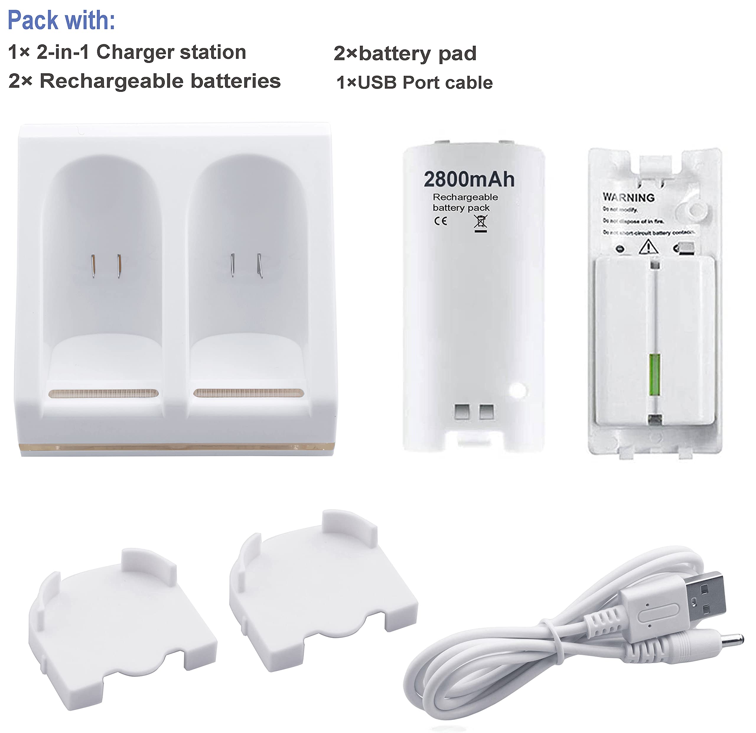 Wii Remote Charger, 2 in 1 Charging Station Charger Dock with 2 Pack 2800mAh Rechargeable Battery Fit for Wii/Wii U Remote Controller