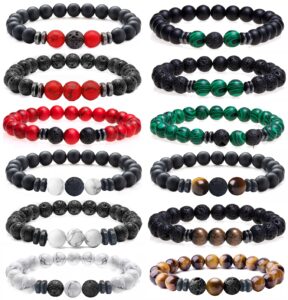 mozaka 12pcs 8mm natural stone lava rock beaded bracelets for men women tiger eye hematite black onyx matte beads essential oil diffuser lava stone bead bracelets bulk (12pcs-b)