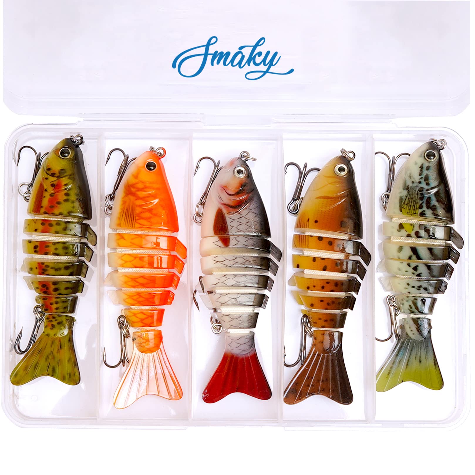 Smaky Fishing Lures for Bass Tackle Kit Slow Sinking Hard Swimbaits Wobbler Trout and Other Fish Species Multi Jointed Segmented Bionic Crankbait for Freshwater Or Saltwater with Sharp Treble Hooks