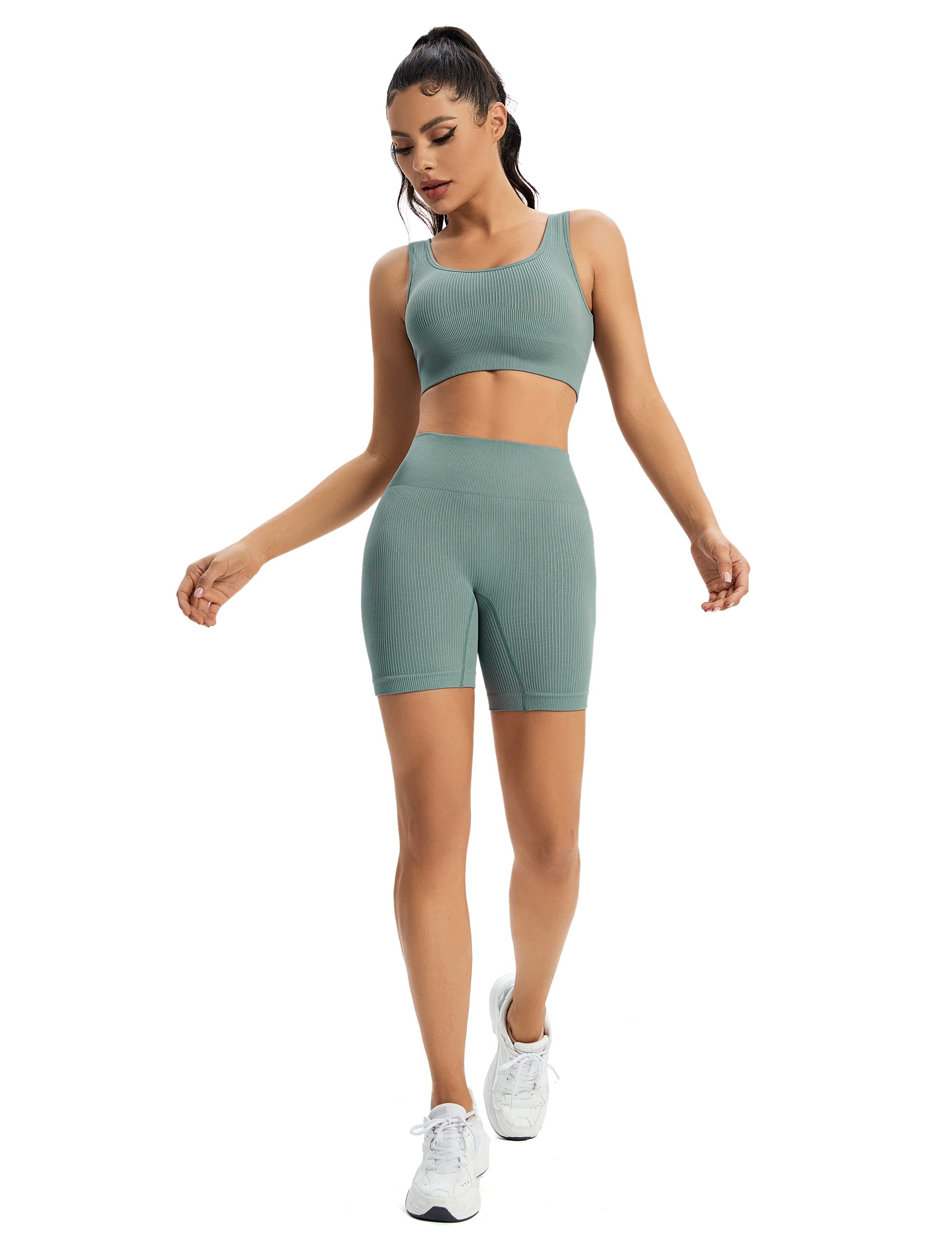 Chiphell Ribbed Workout Sets for Women 2 Piece Square Neck Crop Top and High Waist Biker Shorts Seamless Activewear Tracksuit