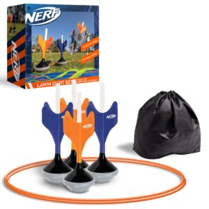 nerf soft tip lawn dart set, outdoor backyard game for kids & adults, includes 4 lawn darts, 2 target rings, storage bag, fun & safe summer activity for beach, yard, camping, pool