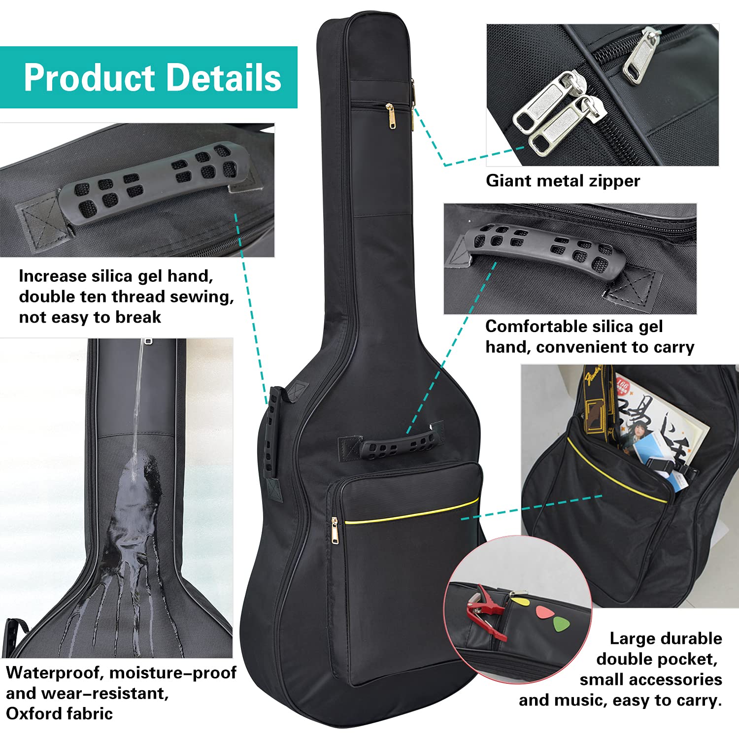 diboer Acoustic Guitar Bag Thick Padding Waterproof Dual Adjustable Shoulder Strap Guitar Case Gig Bag Thickening Sponge Padding Fit 39-41 Inch Guitar