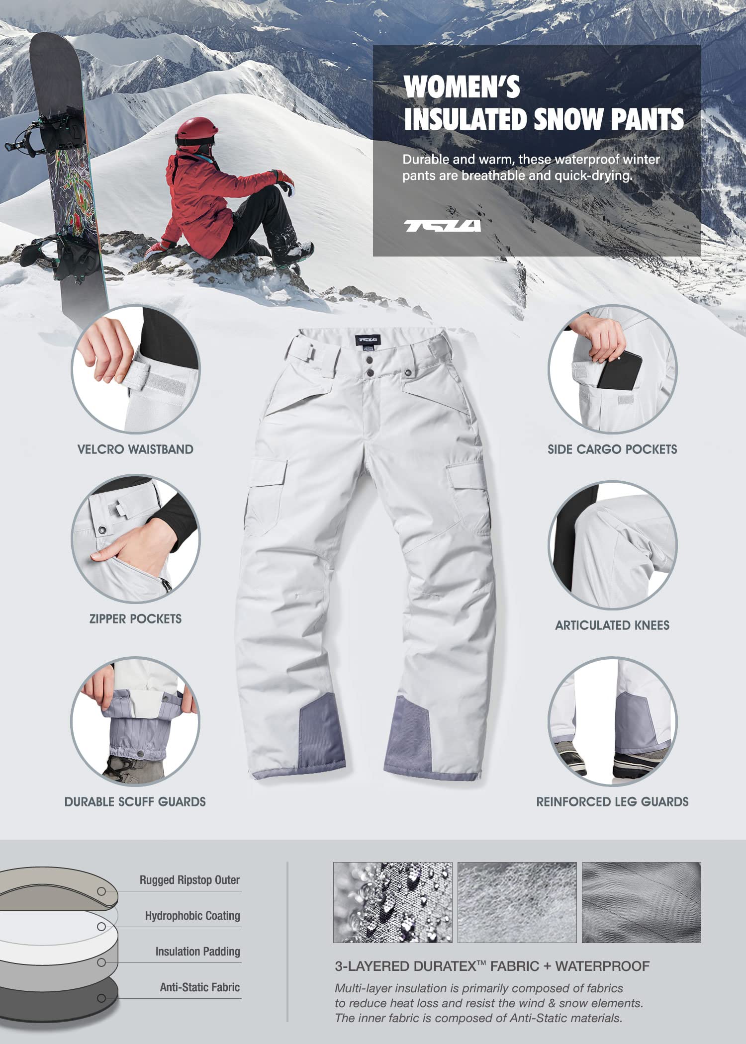 TSLA Women's Winter Snow Pants, Waterproof Insulated Ski Pants, Ripstop Snowboard Bottoms, Cargo Snow Pants White, Medium