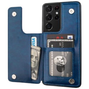 onetop compatible with samsung galaxy s21 ultra wallet case with card holder, pu leather kickstand card slots case, double magnetic clasp and durable shockproof cover 5g 6.8 inch(blue)