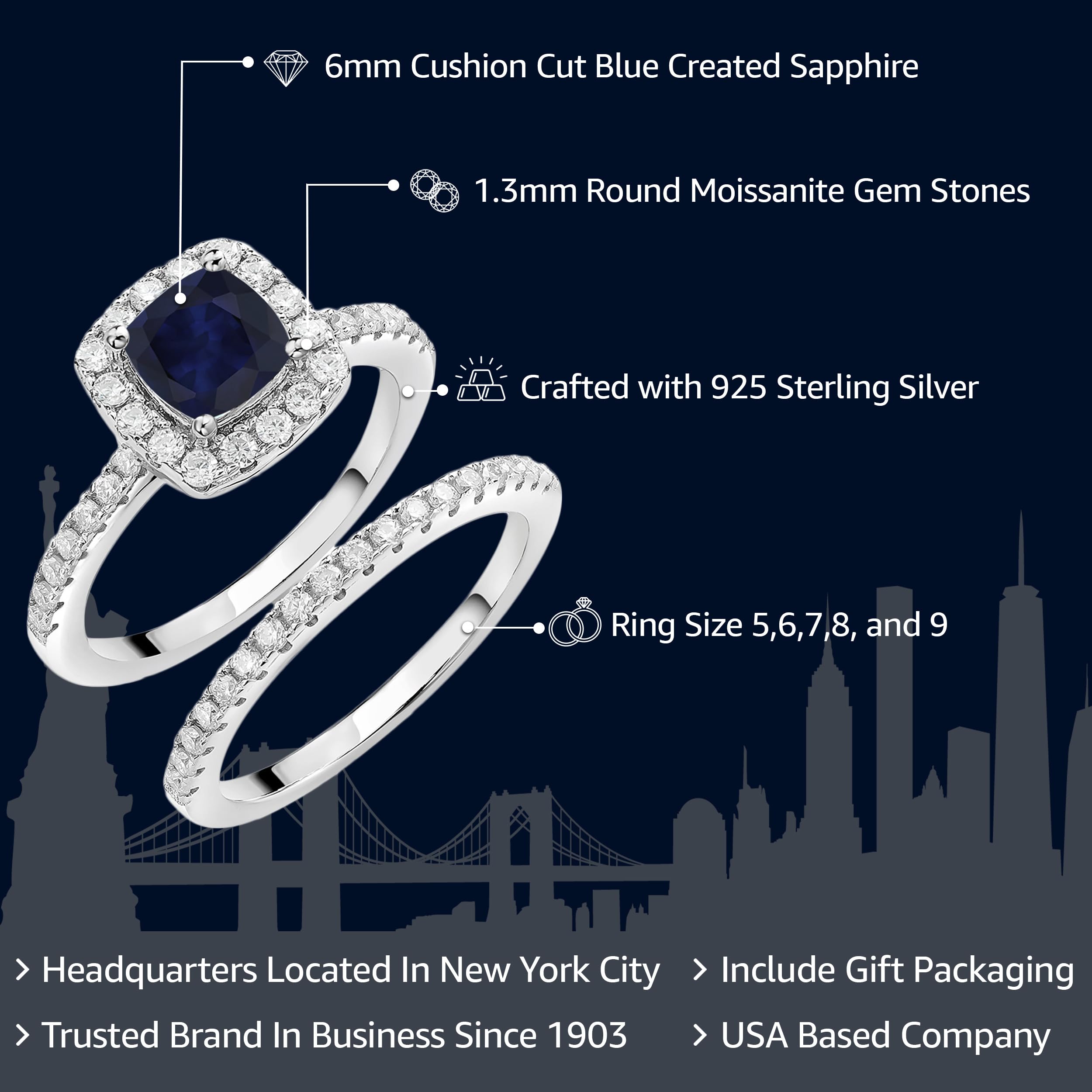 Gem Stone King 925 Sterling Silver Blue Sapphire and Moissanite Wedding Engagement Ring Band Bridal For Women (1.82 Cttw, Available in size 5, 6, 7, 8, 9)