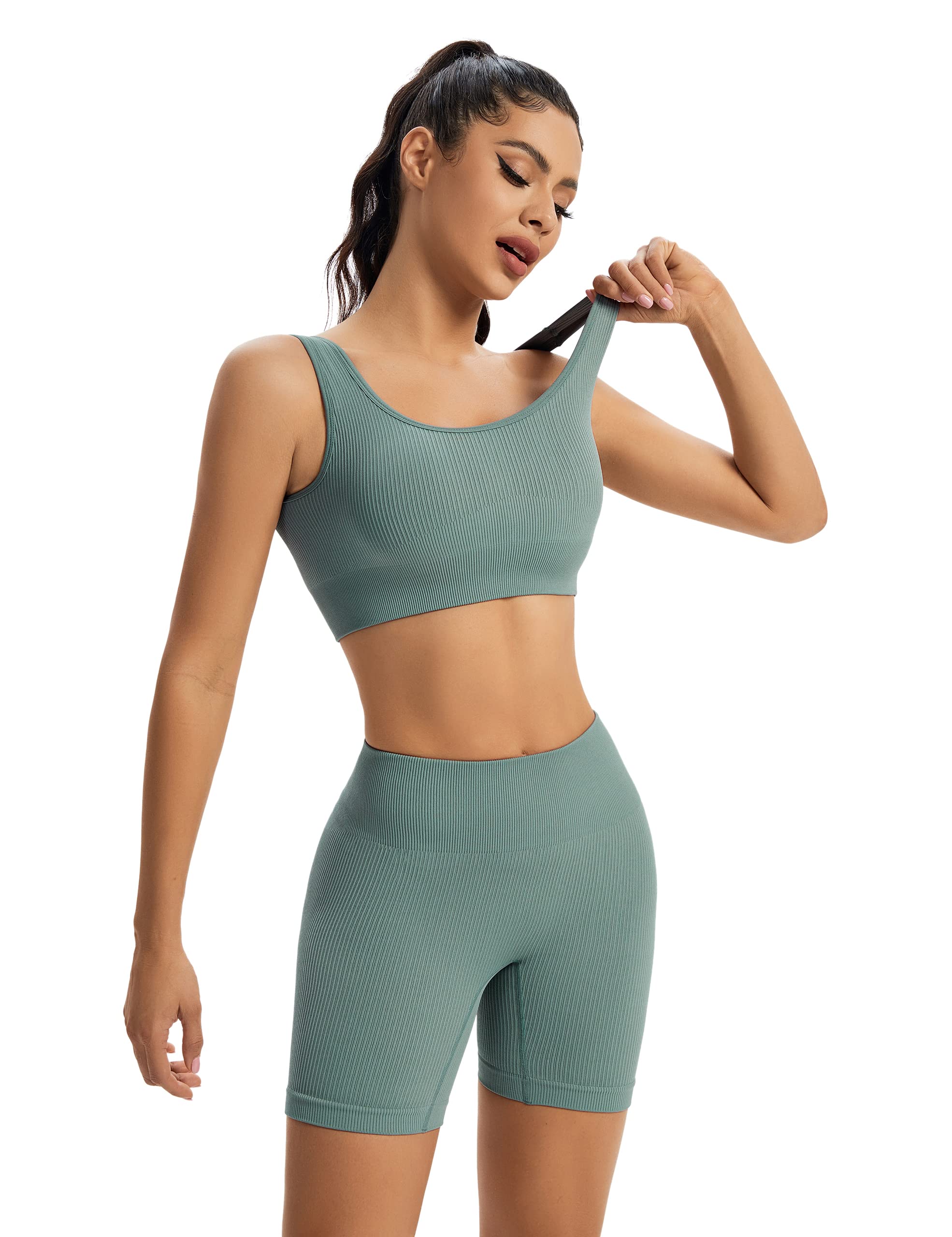 Chiphell Ribbed Workout Sets for Women 2 Piece Square Neck Crop Top and High Waist Biker Shorts Seamless Activewear Tracksuit