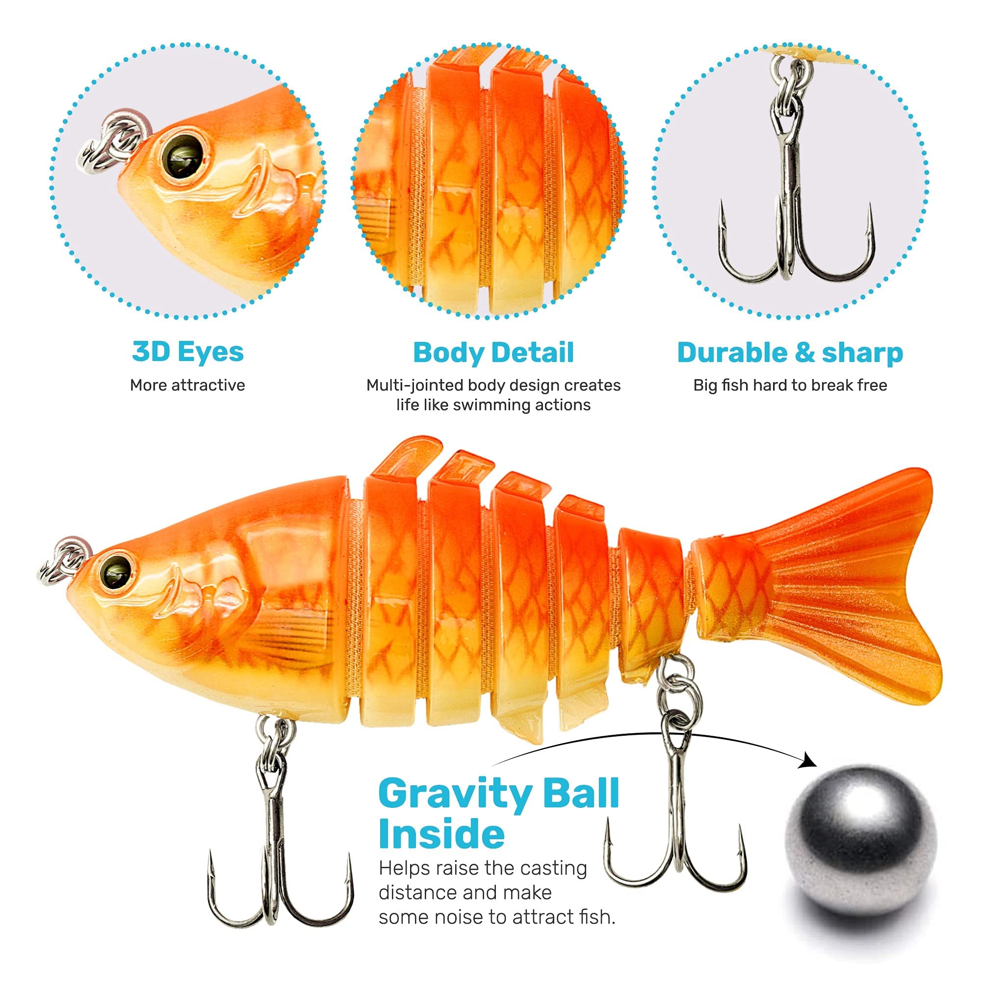 Smaky Fishing Lures for Bass Tackle Kit Slow Sinking Hard Swimbaits Wobbler Trout and Other Fish Species Multi Jointed Segmented Bionic Crankbait for Freshwater Or Saltwater with Sharp Treble Hooks