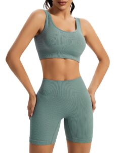 chiphell ribbed workout sets for women 2 piece square neck crop top and high waist biker shorts seamless activewear tracksuit