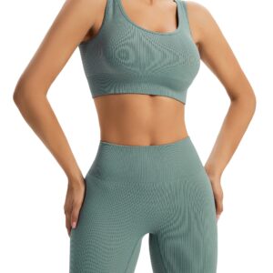 Chiphell Ribbed Workout Sets for Women 2 Piece Square Neck Crop Top and High Waist Biker Shorts Seamless Activewear Tracksuit