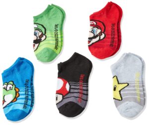 mario boys mario 5 pack no show socks, multi, 6-8.5 us