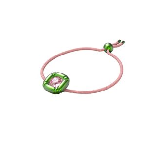 swarovski dulcis soft bracelet with pink crystal in green molded setting on pink braided cord, part of the dulcis collection