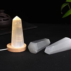 JIC Gem USB Selenite Lamp Hexagonal Crystal Points Selenite Tower Lamp Morocco Skyscraper 4 Inch with Wooden Light Stand Base