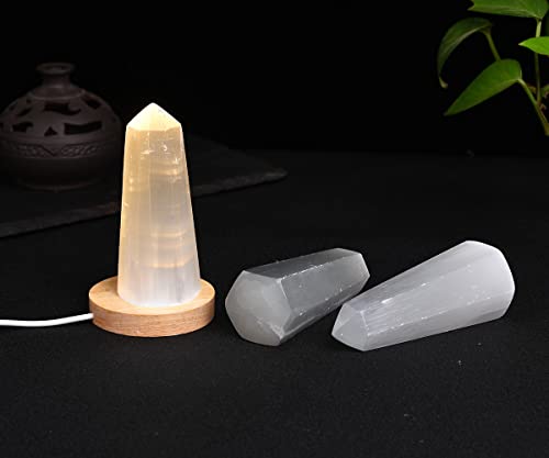 JIC Gem USB Selenite Lamp Hexagonal Crystal Points Selenite Tower Lamp Morocco Skyscraper 4 Inch with Wooden Light Stand Base