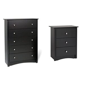 prepac sonoma nightstand, tall 3-drawer, black & black sonoma 5 drawer chest