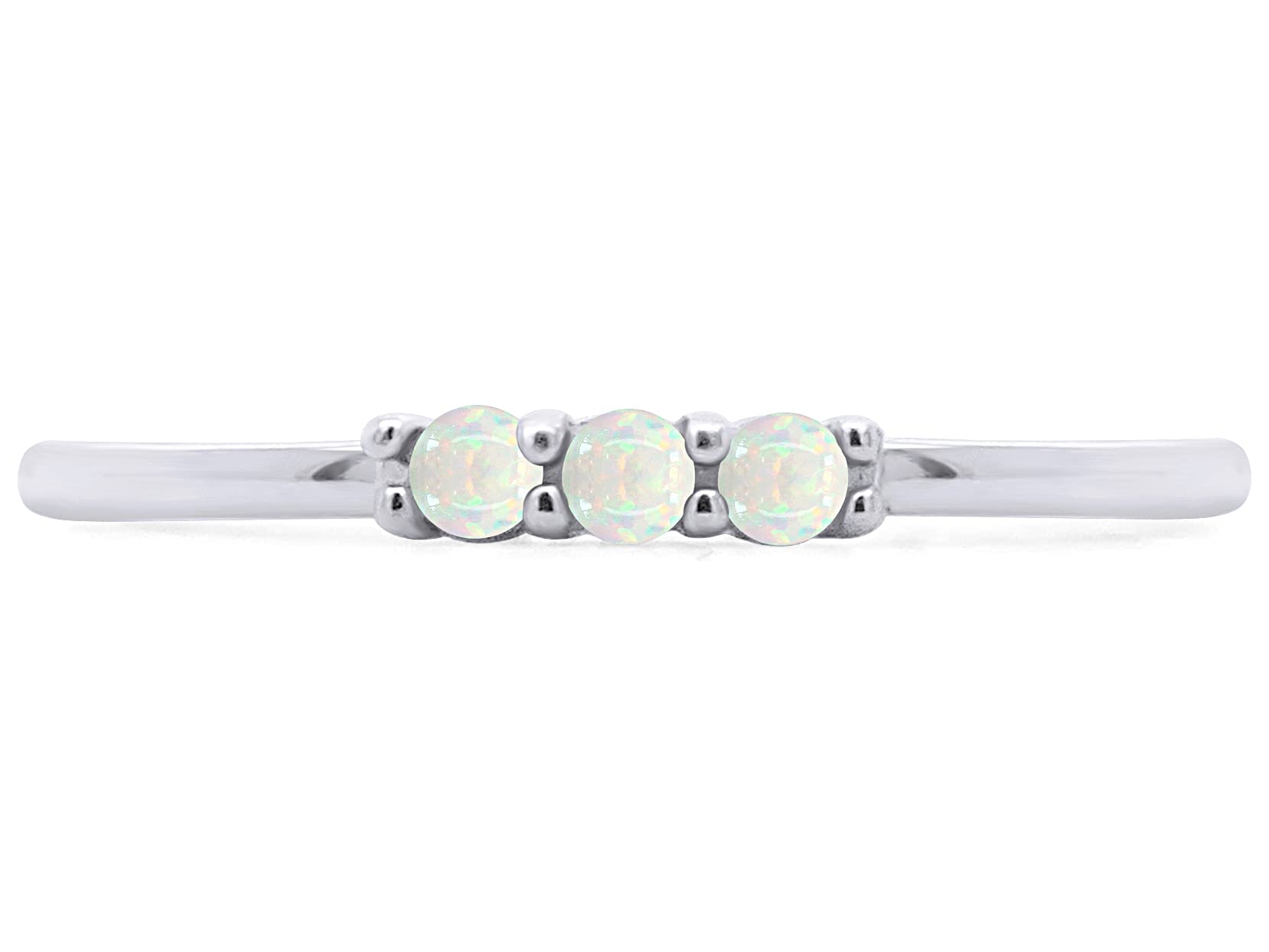 AFFY Three Stone Ring, 1.5MM Round Cut Created Opal Dainty Stackable Engagement Ring In 14k White Gold Plated 925 Sterling Silver Jewelry For Her Ring Size -7