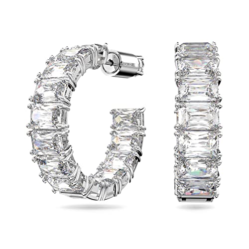 SWAROVSKI Matrix hoop earrings, Octagon cut Swarovski Zirconia, Clear, Rhodium Finish