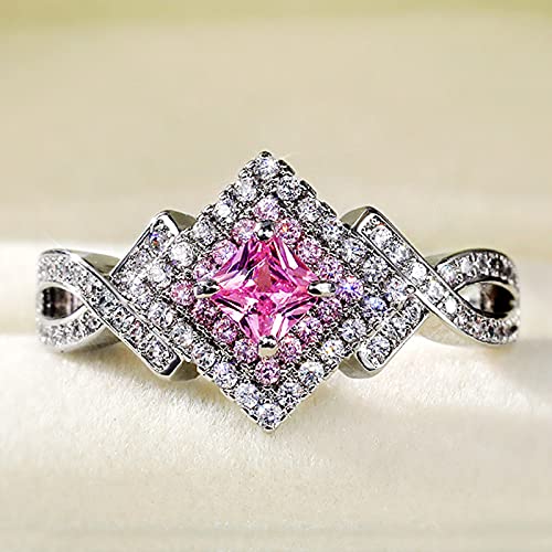 SCHZBSP 18K White Gold Plated Cross-Wound Pink Crystal Diamond Ring Pavé Exquisite Cubic Zirconia Ring Fashion Lady CZ Diamond Engagement Wedding Ring Jewelry Gift (10)