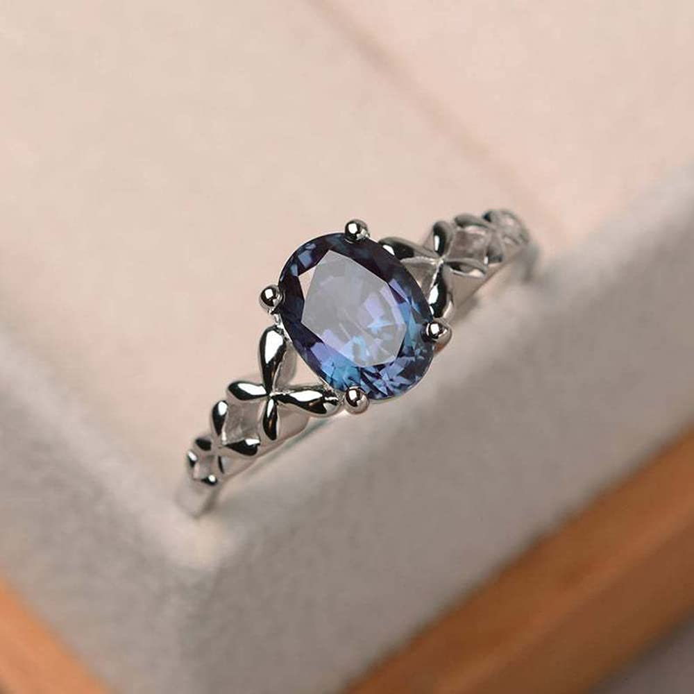 Koguxuix Genuine Women's 925 Sterling Silver Ring Oval Cut Natural Sapphire Blue CZ Crystal Butterfly Ring Engagement Party Band Ring (8)