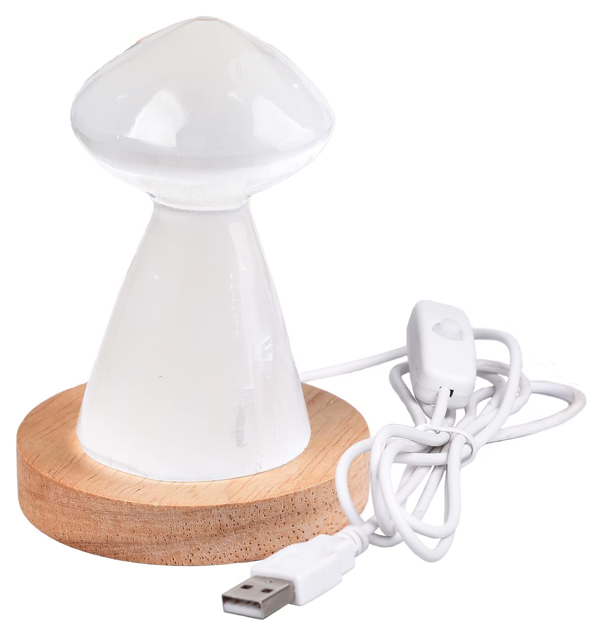 JIC Gem USB Selenite Lamp Hexagonal Crystal Points Selenite Tower Lamp Morocco Skyscraper 4 Inch with Wooden Light Stand Base